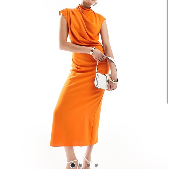 ASOS | Dresses | Asos Design High Neck Orange Dress With Draped Neck ...